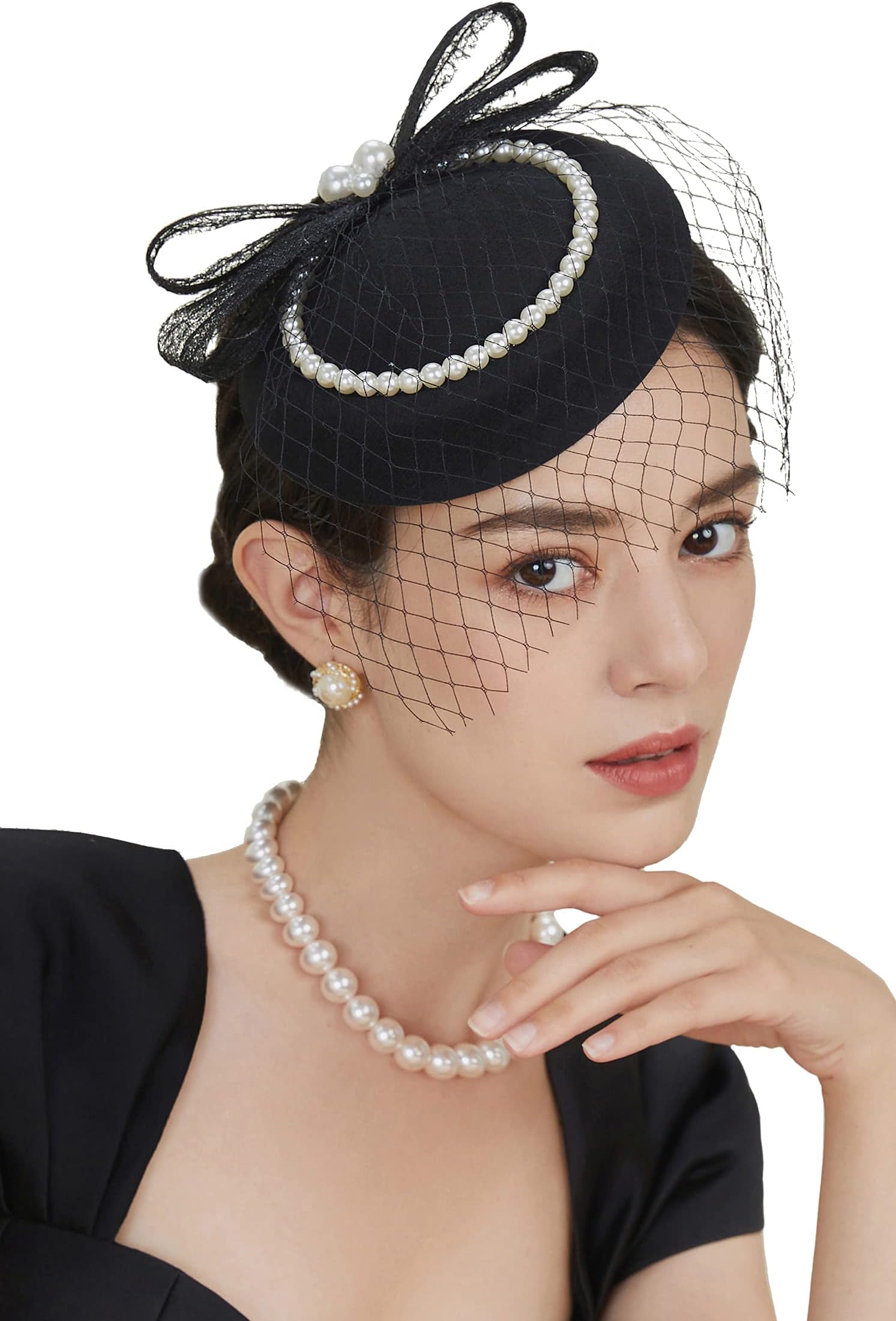 Amazon.com: Veewon Women's Fascinators Hat Pearl Bow Style Cocktail ...