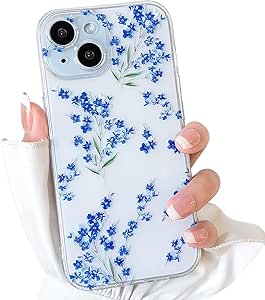 Amazon.com: NITITOP Compatible with iPhone 15 Case Cute Clear Blue Flower Floral Artistic Design ...