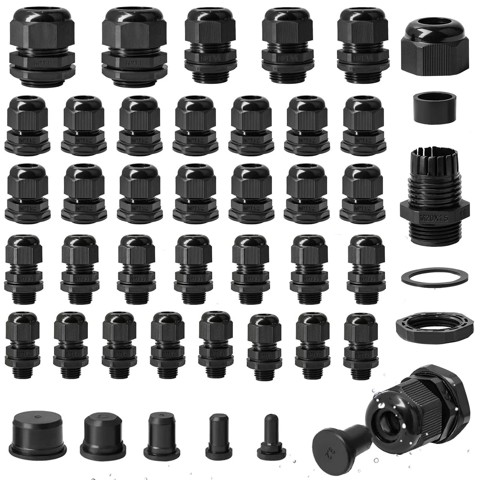 Cable Gland Kits, 40PCS Cord Grip 1/4" 3/8" 1/2" 3/4" 1" NPT Waterproof ...
