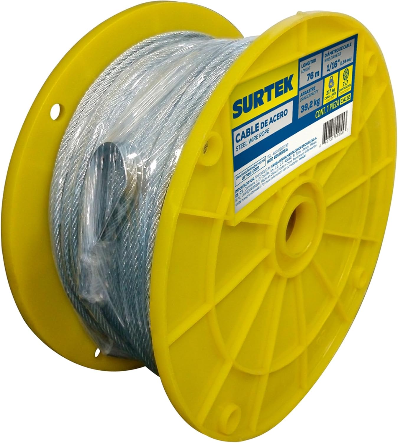 Surtek CA112 Cable de acero con guardacabo 1/16" x 76 m construcción de ...