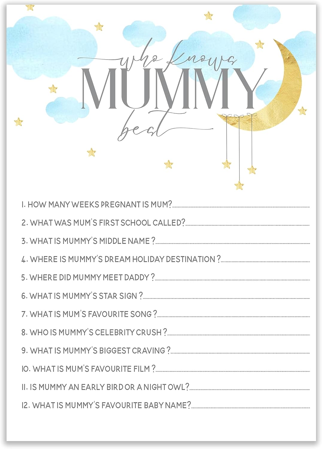 Baby Shower Game - Pack of 10 Whimsical Blue Twinkle Twinkle Little ...