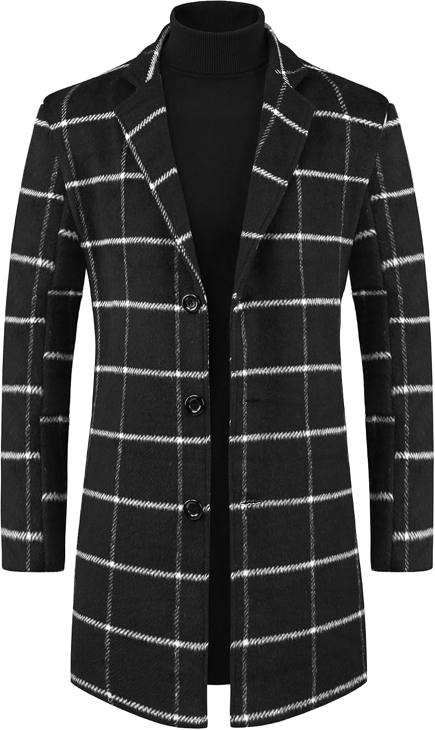 Lars Amadeus Black Plaid Coat for Men's Color Block Single Breasted ...