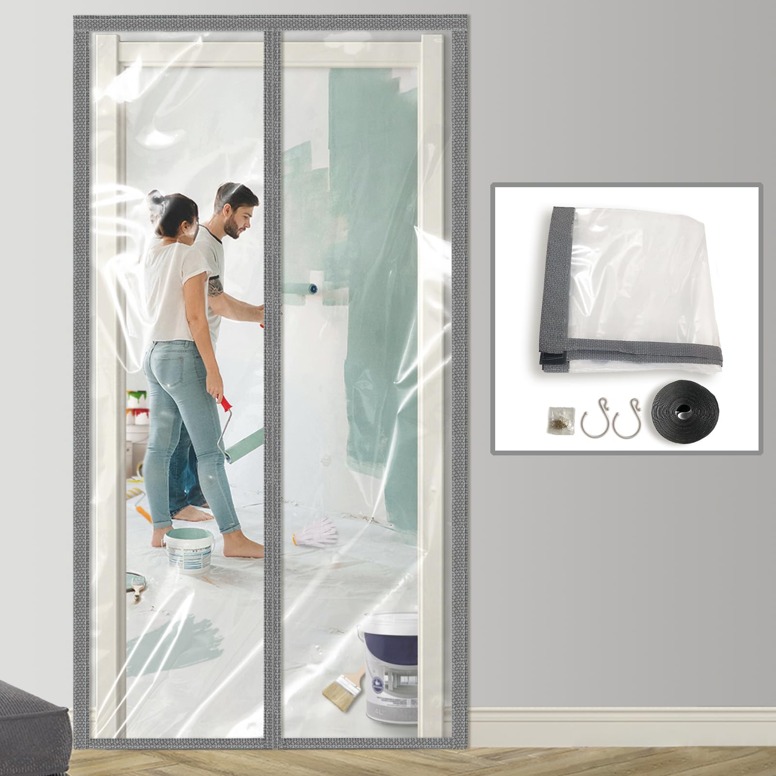 Dust Barrier Door Kit Plastic Magnetic Construction Door Curtain Self Closing Protector for Room ...
