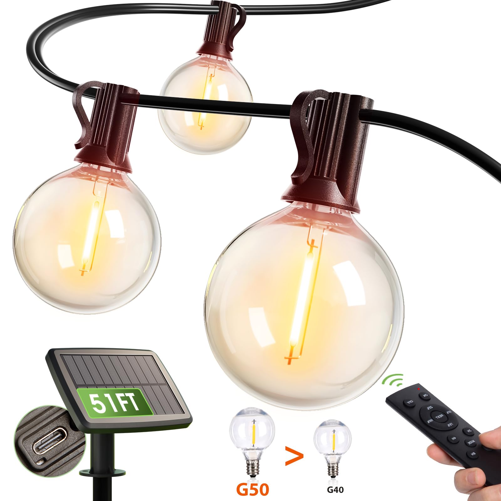 addlon 50FT Solar String Lights for Outside G50 Waterproof with USB ...