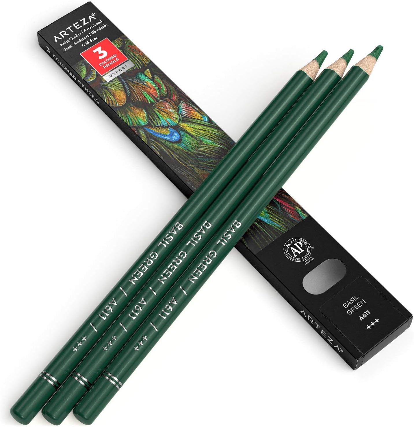 Arteza Colouring Pencils, Pack of 3, A093 Basil Green, Soft Wax-Based ...