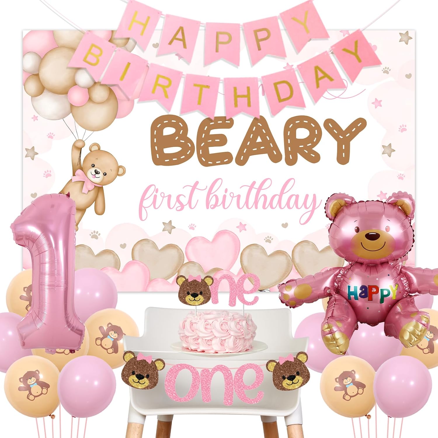 Amazon.com: Wonmelody Bear 1st Birthday Decorations for Girls Pink Bear ...