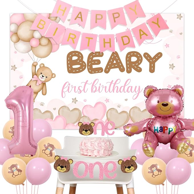 Amazon.com: Wonmelody Bear 1st Birthday Decorations for Girls Pink Bear ...