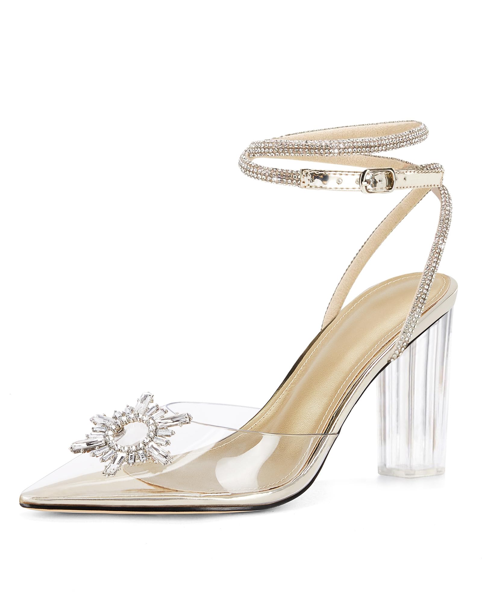 Coutgo Womens Rhinestone Clear Heels Crystal Pointed Toe Chunky High ...