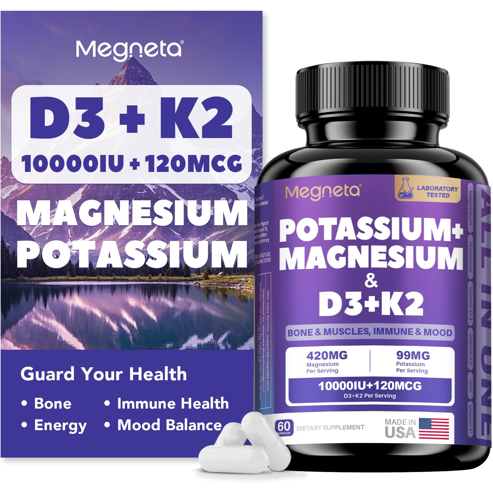 MEGNETA Complexo Avançado Sinérgico de Vitamina D3 10000 UI, K2 (MK-7 ...