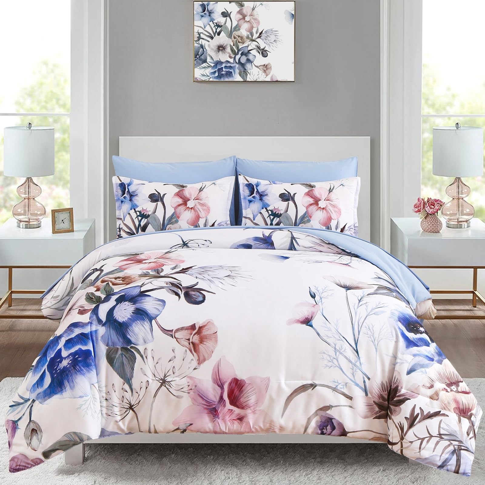 Luxudecor Floral Comforter Set King Size 7 Piece, Blue Flower Bed in a ...