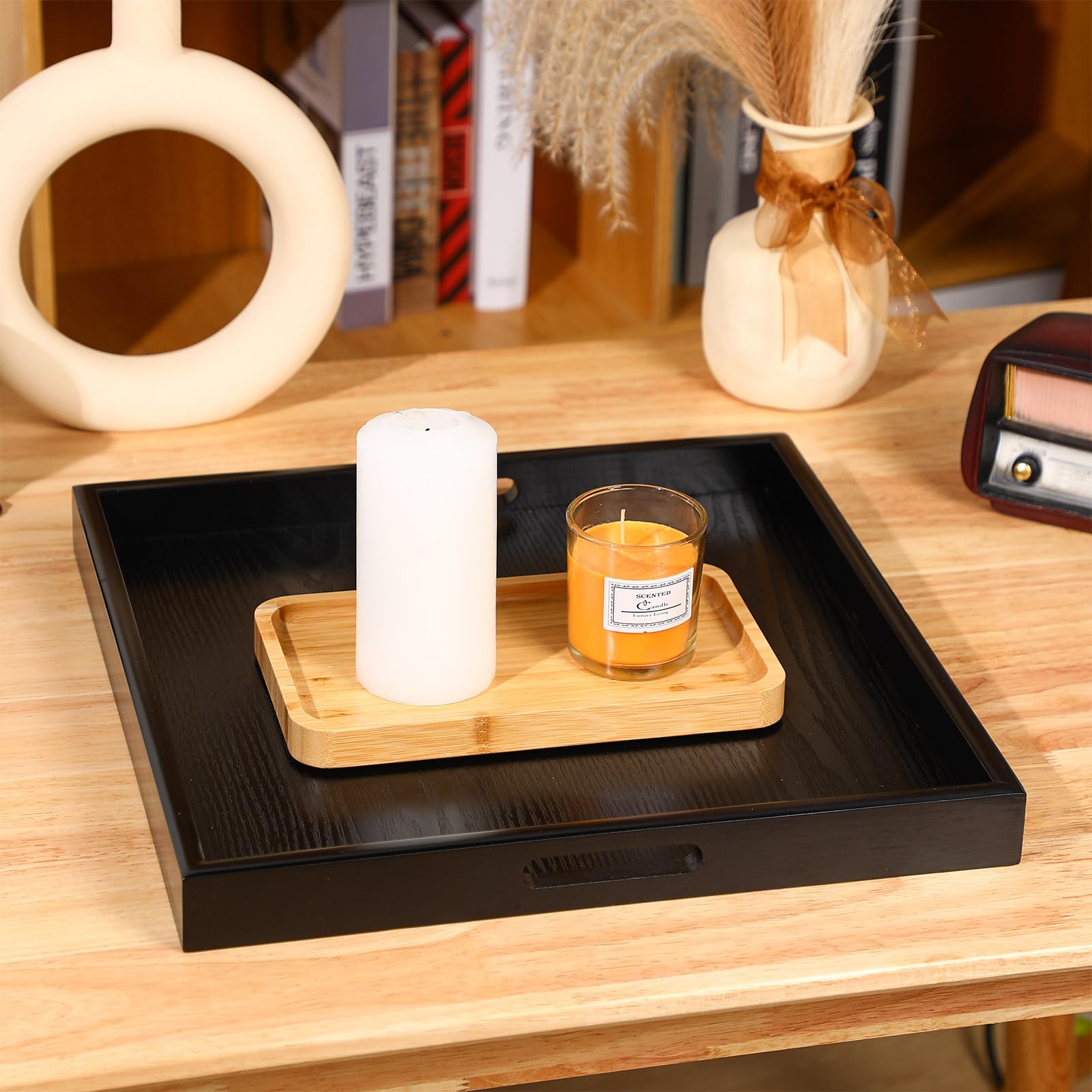 Mumufy 2 Pcs Square Large Ottoman Tray 16 x 16 Inch Extra Large Wood ...