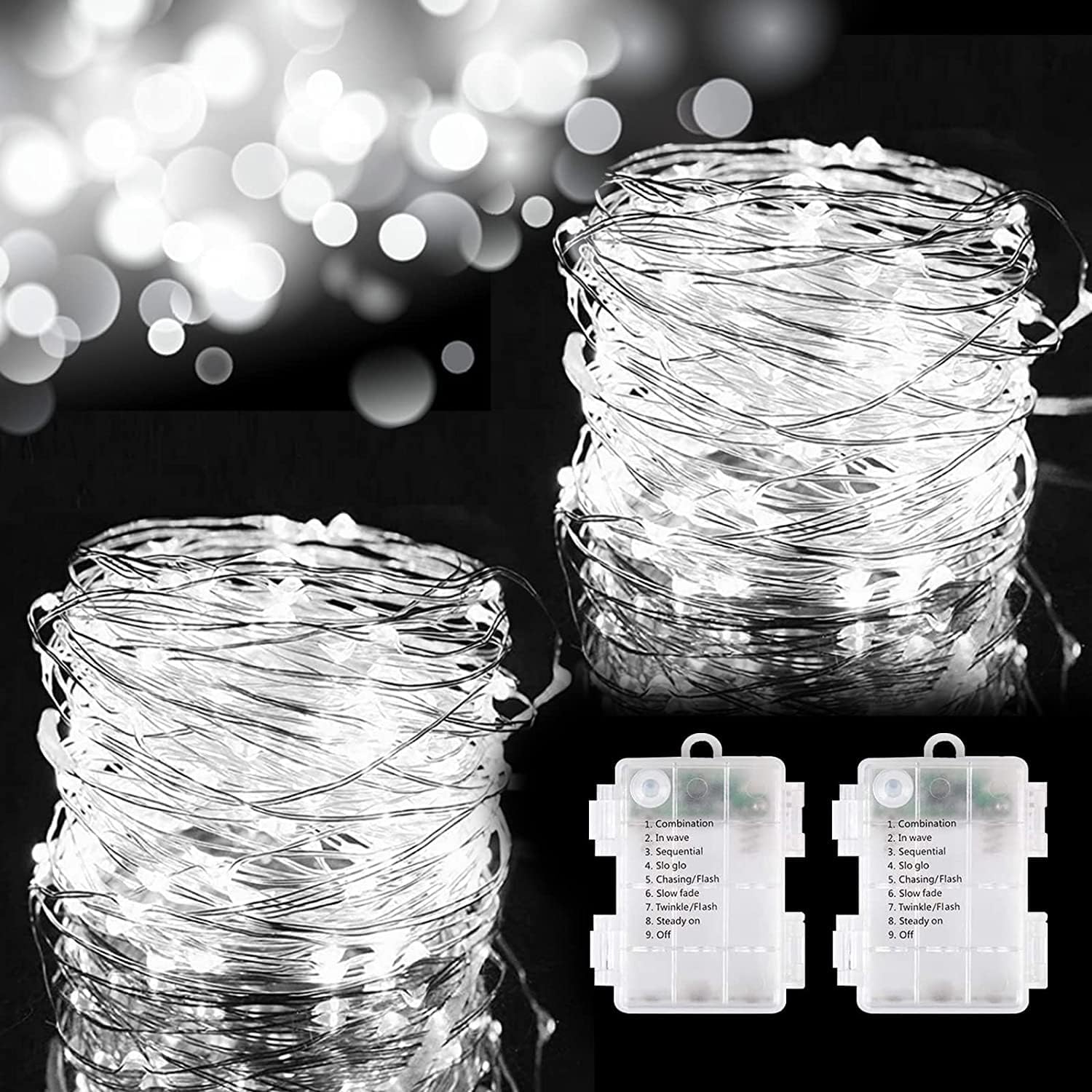 BXROIU 2 x Fairy String Lights Battery Operated, Silver Wire 2 Mode ...