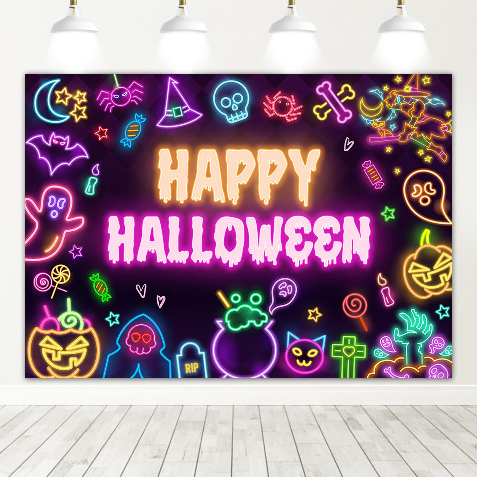Amazon.com : Mocsicka Happy Halloween Backdrop Neon Cartoon Halloween ...