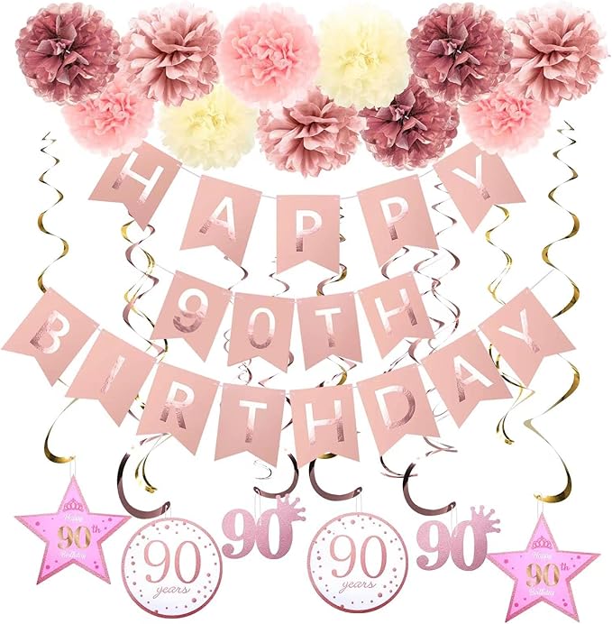 Amazon.com: Rose Gold 90th Birthday Party Decorations Kit - Glittery ...