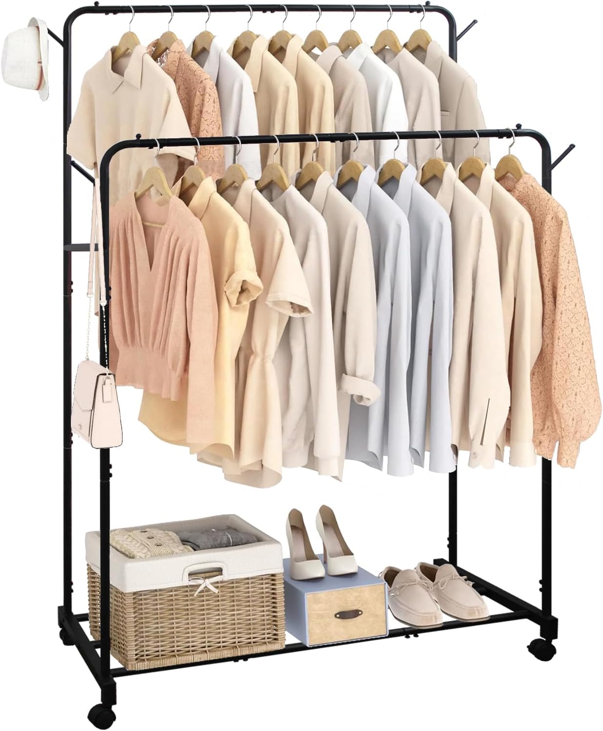 AT-VALY Double Rod Clothing Rack with wheels,Garment Rack for Hanging ...