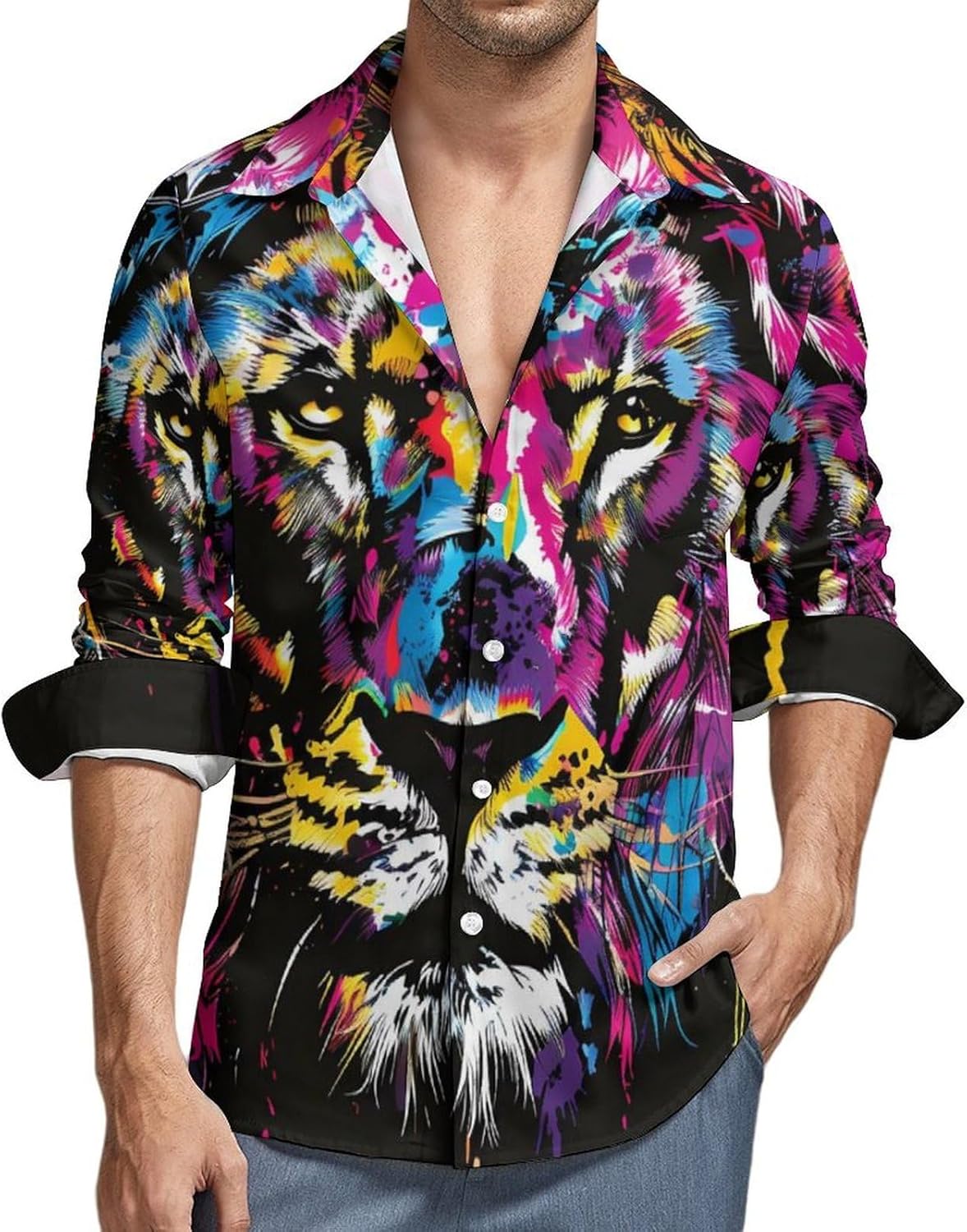 Amazon.com: Watercolor Lion Colorful Splash Fashion Mens Shirts Casual ...