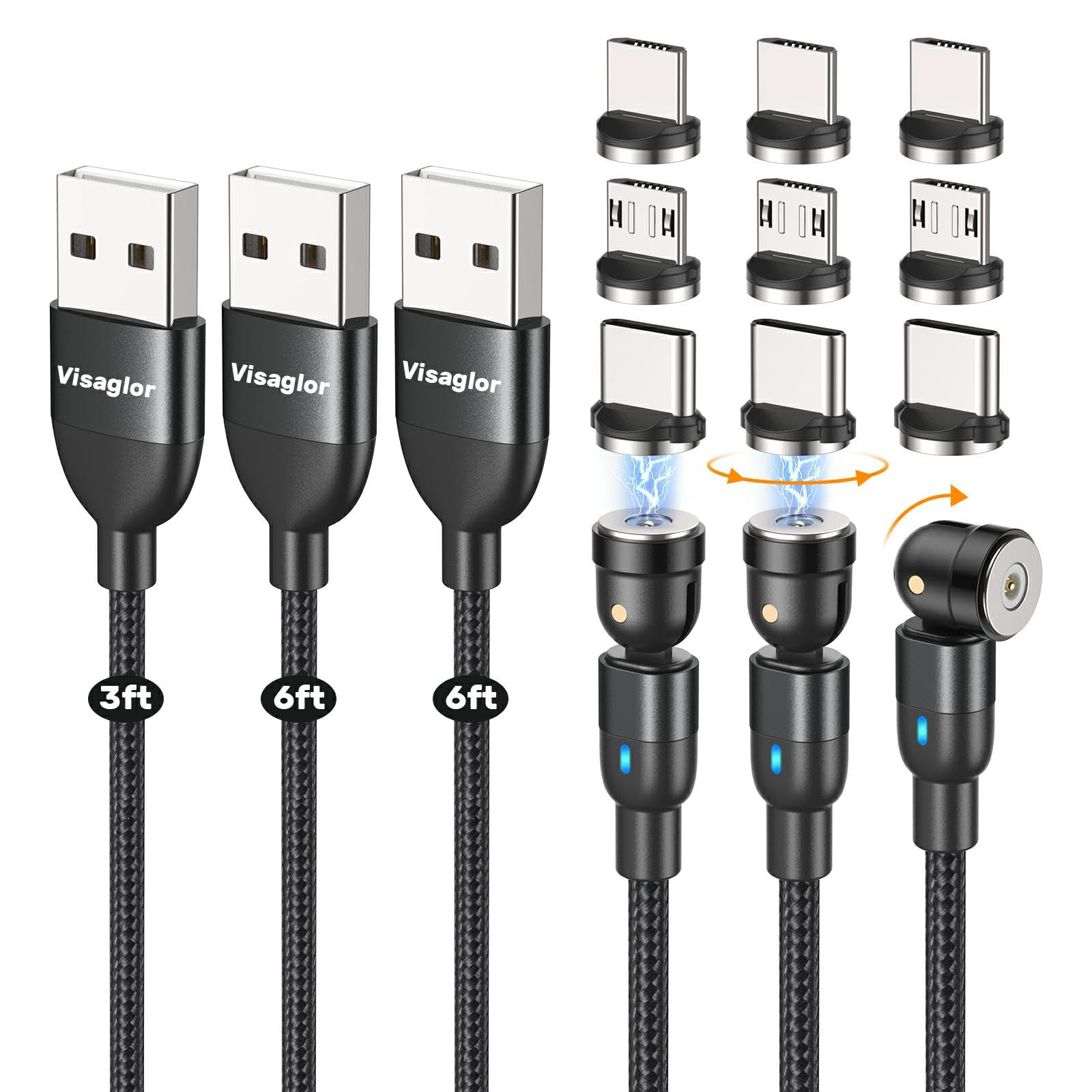 Amazon.com: VISAGLOR Magnetic Charging Cable [3-Pack, 3.3ft/6.6ft/6.6ft ...