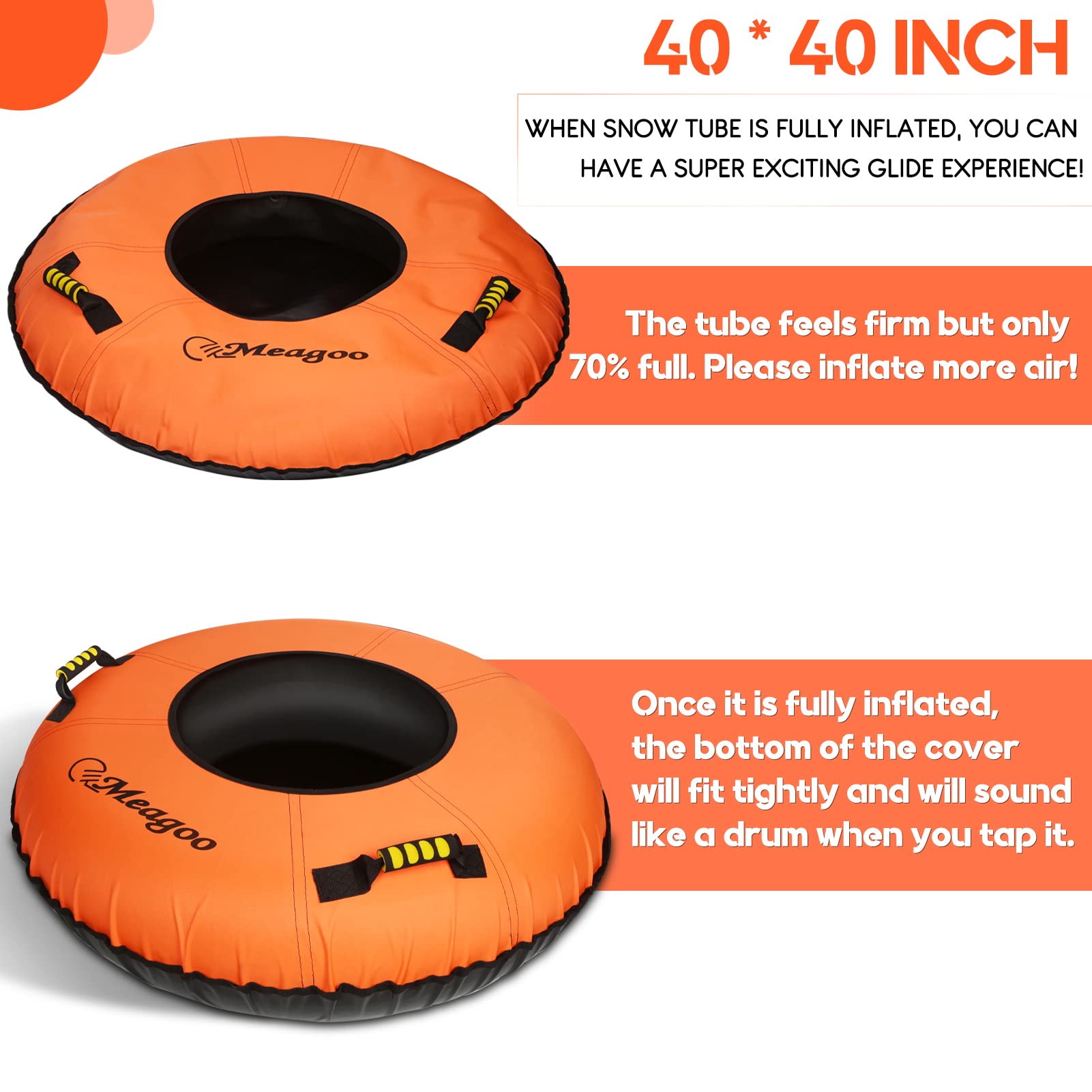 Meagoo Heavy Duty Snow Tube, Inflatable Durable 40" Snow Sled Tube with ...