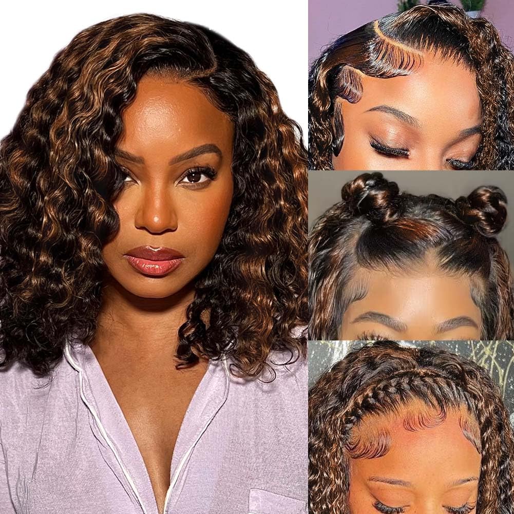 Amazon.com : Highlight Curly Bob Wig Human Hair 12 Inch 13x4 Hd Lace 1b ...