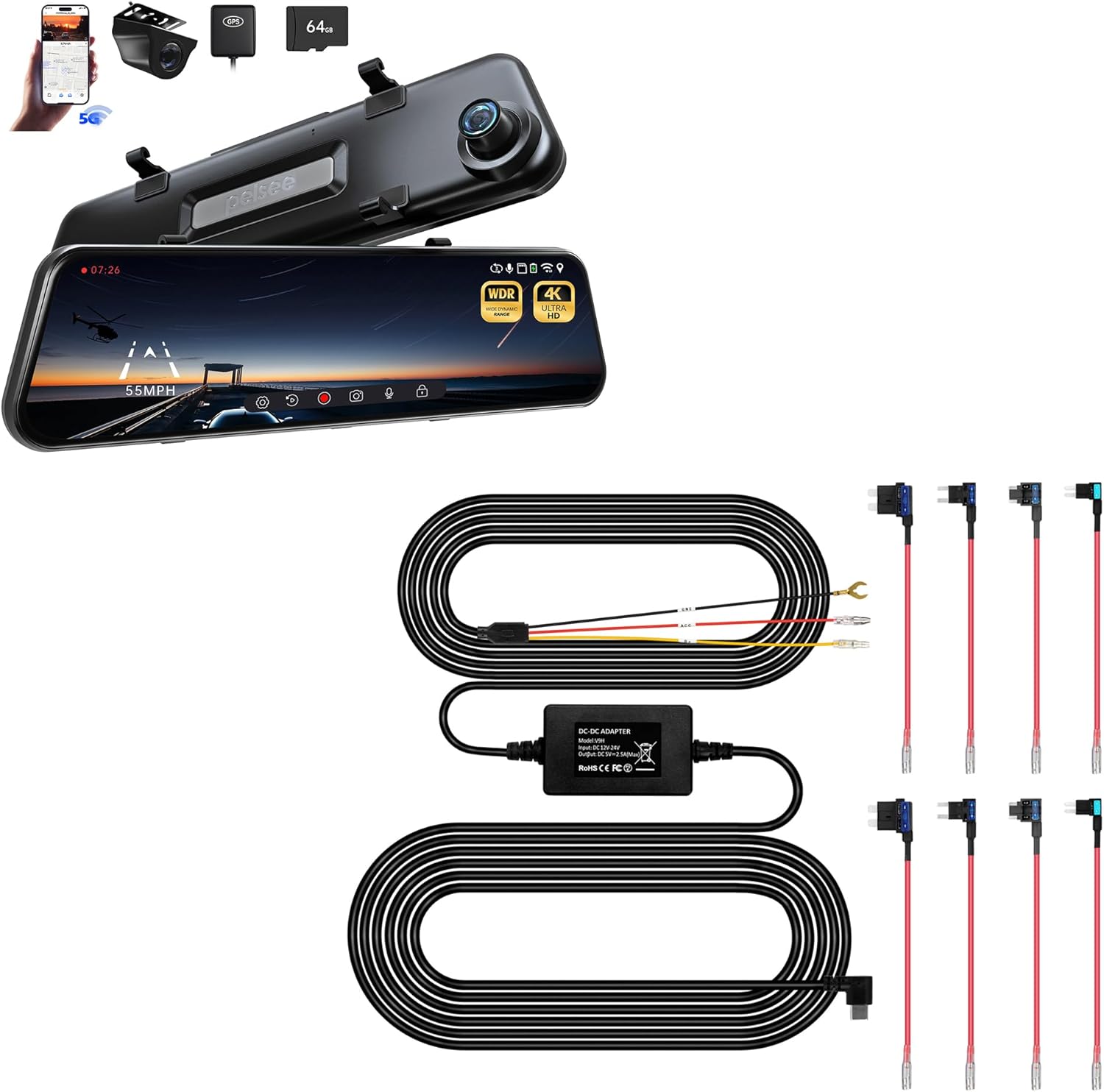 Amazon.com: Pelsee P12 Pro Max 4K+2.5K Rear View Mirror Camera w/Type-C ...