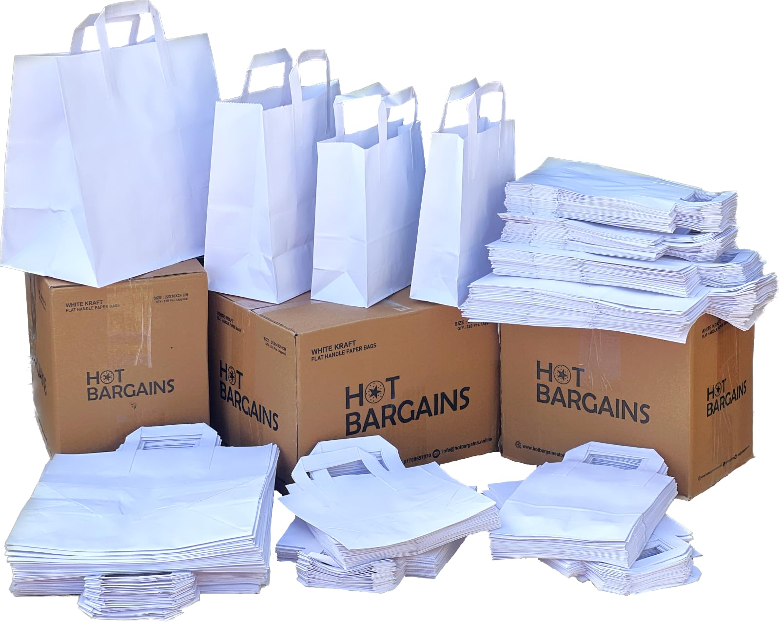 HOT BARGAINS 250 X Paper Bags With Handles White Small (19 x 8 x 25cm ...