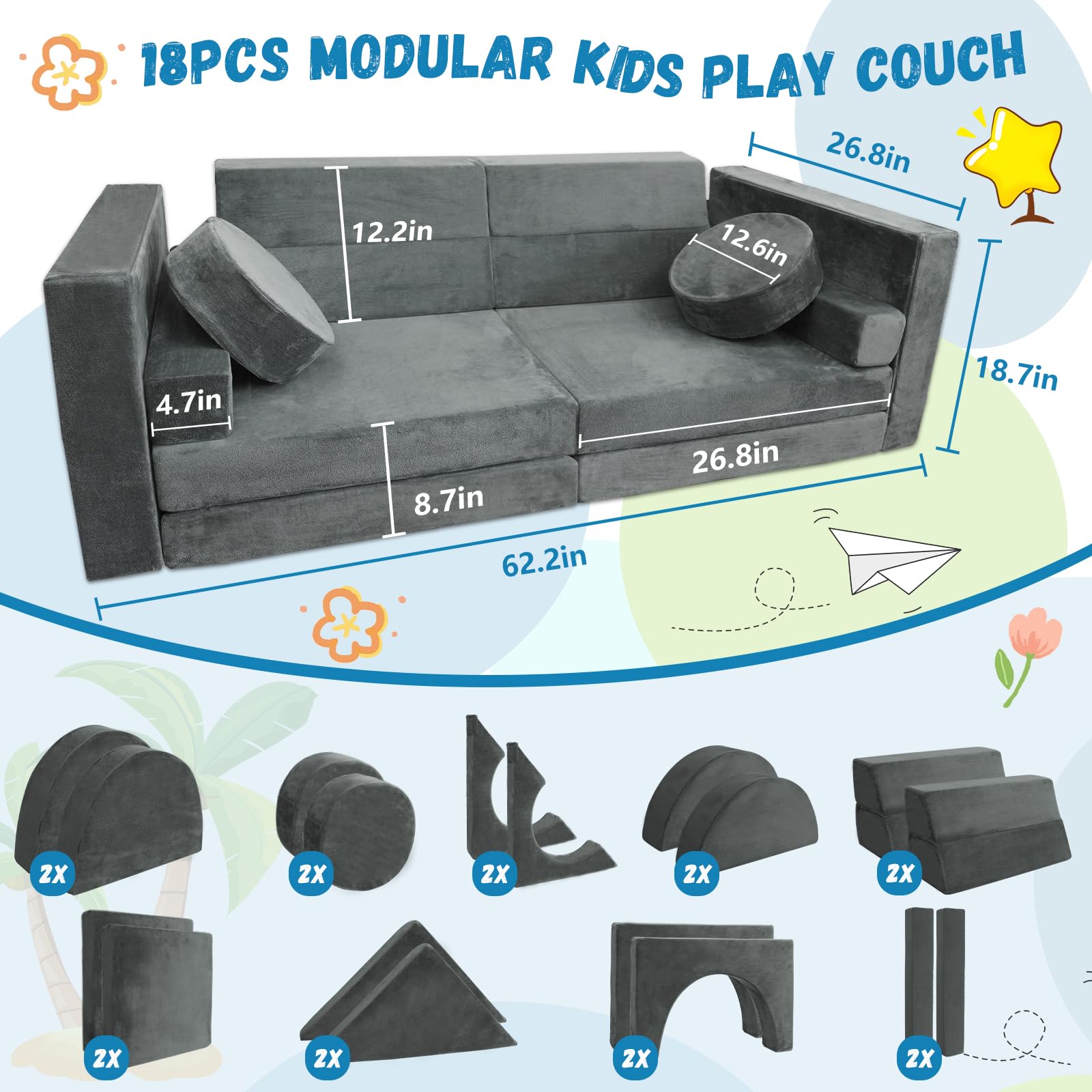 Snapklik.com : Kayfia 18PCS Modular Kids Play Couch, Kids Couch ...