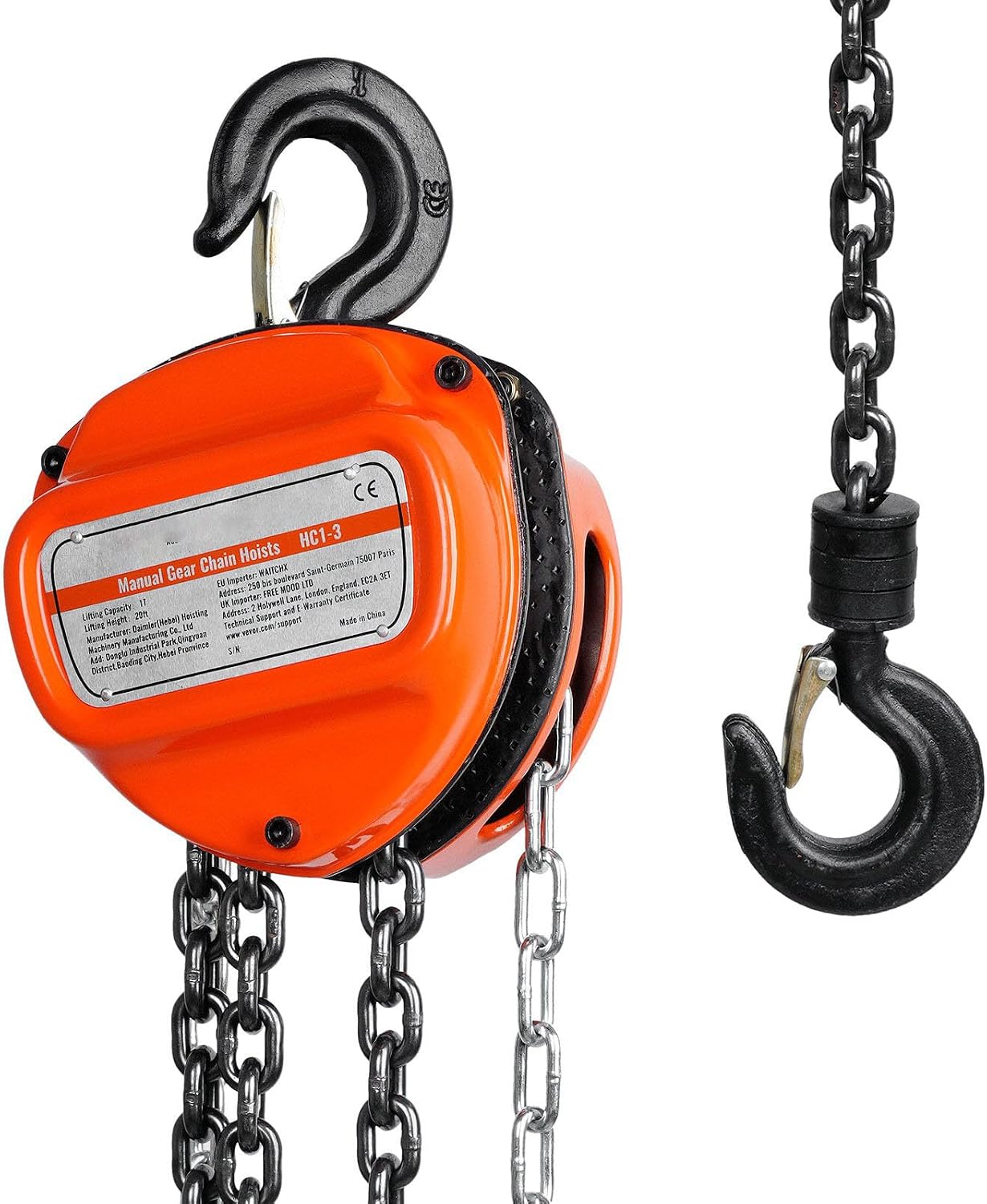Amazon.com: WACTO 1 Ton Manual Chain Hoist, 2200 lbs Capacity, 20 FT ...