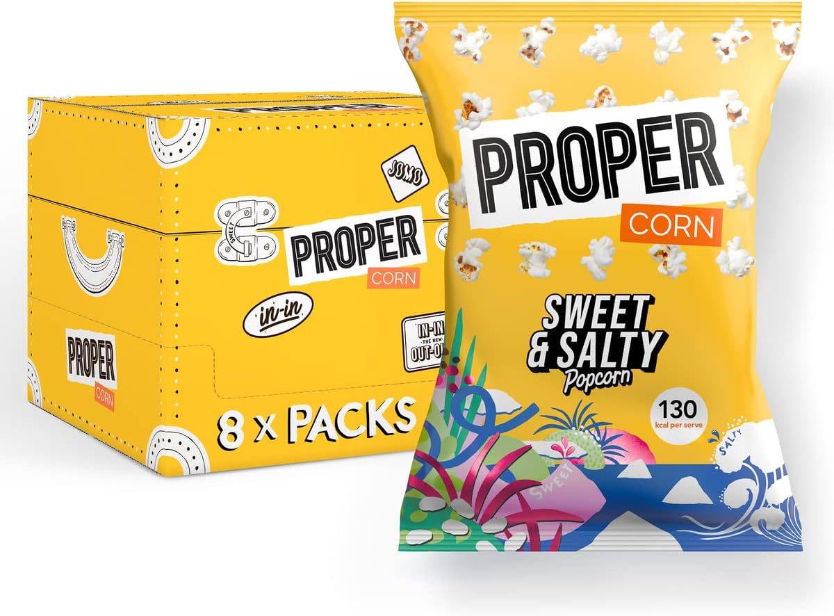 PROPER Sweet & Salty Popcorn, 90g x 8, Sharing Bags, Natural Sea Salt ...