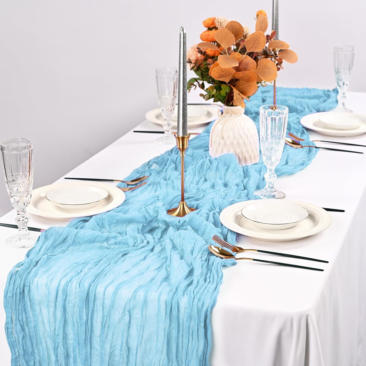 Lot de 2 chemins de Table en étamine, 3 m, Chemin de Table en Gaze Bleu ...