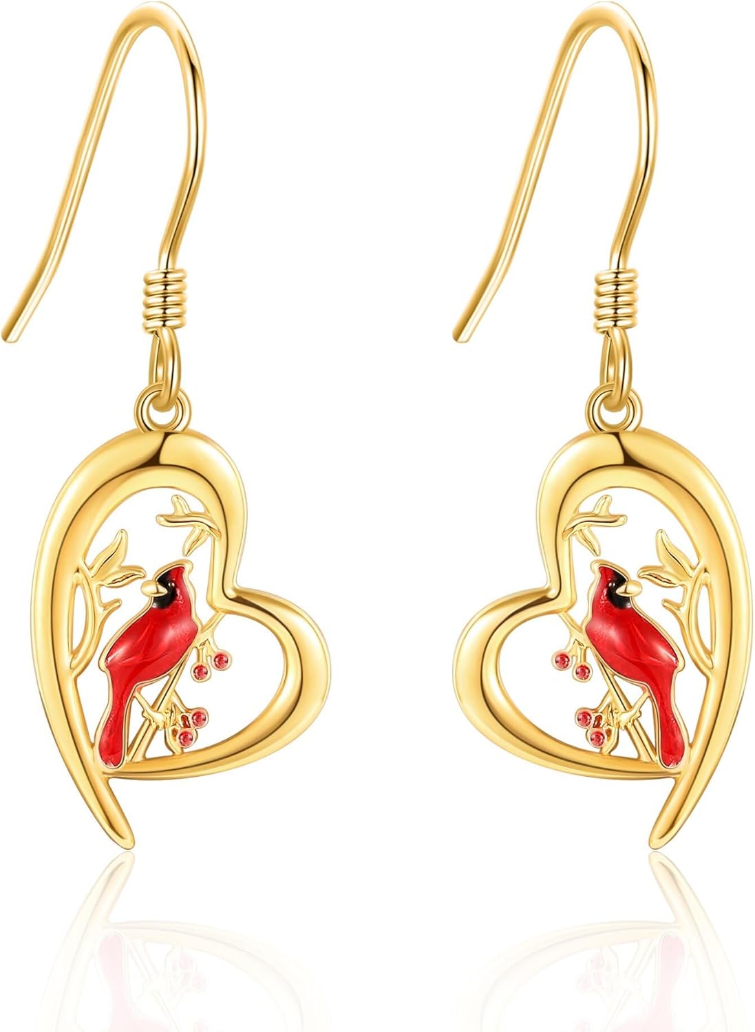 Amazon.com: 14k Real Gold Cardinal Bird Dangle Earrings Popkimi Red ...