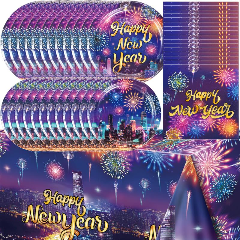 Amazon.com: 2025 Happy New Year Paper Plates Tableware Set, 24 Guest ...