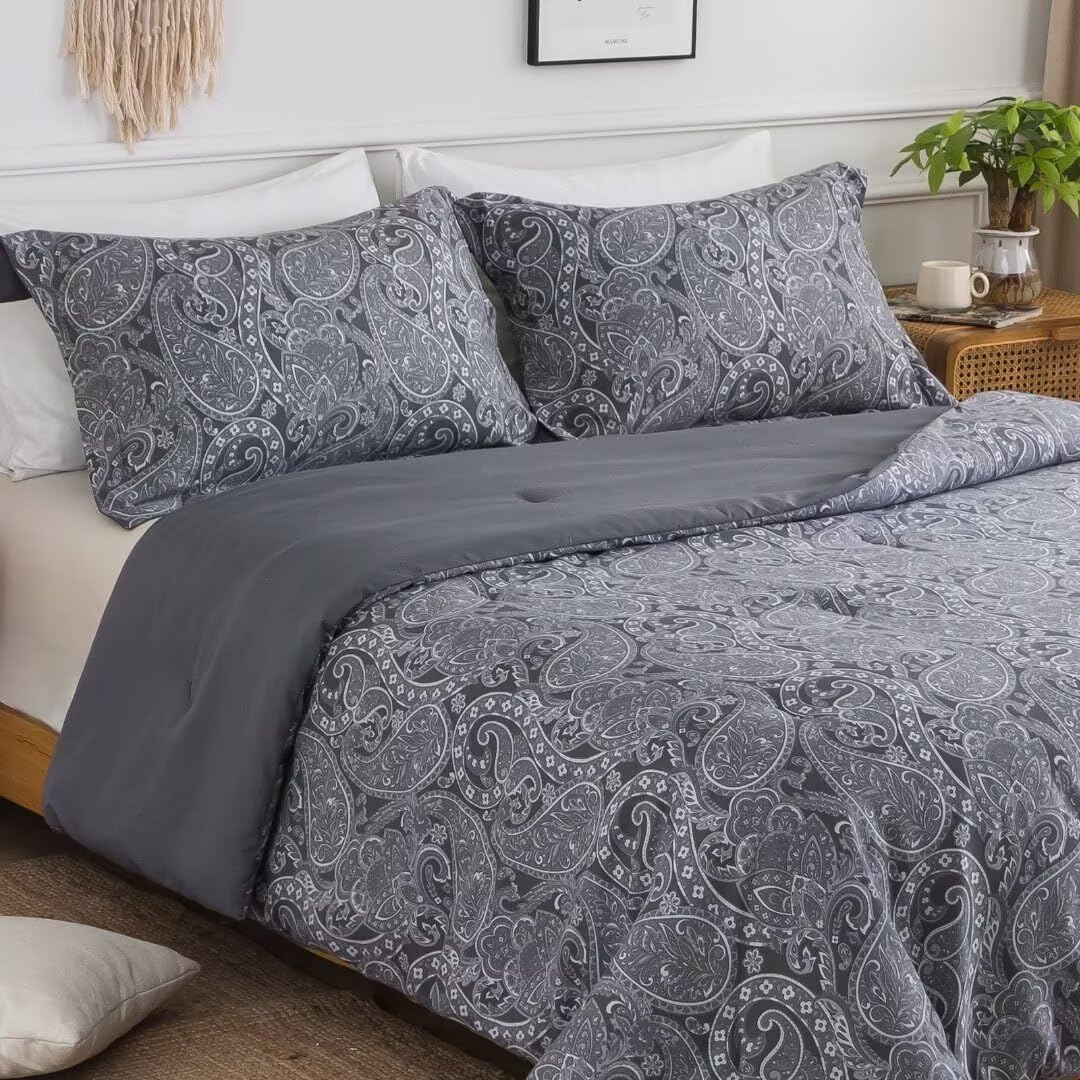 Amazon.com: KACEMOO Comforter Set Queen Size 3 Pieces Dark Grey Paisley ...