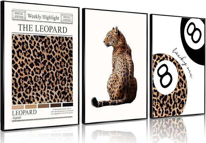 Amazon.com: Trendy Leopard Wall Art Set of 3 Funky Lucky 8 Ball Posters ...