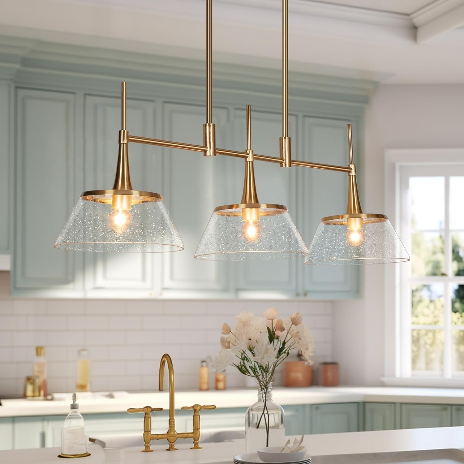 LALUZ Mola Modern Gold 3-Light Chandelier Seeded Glass Pendant for ...