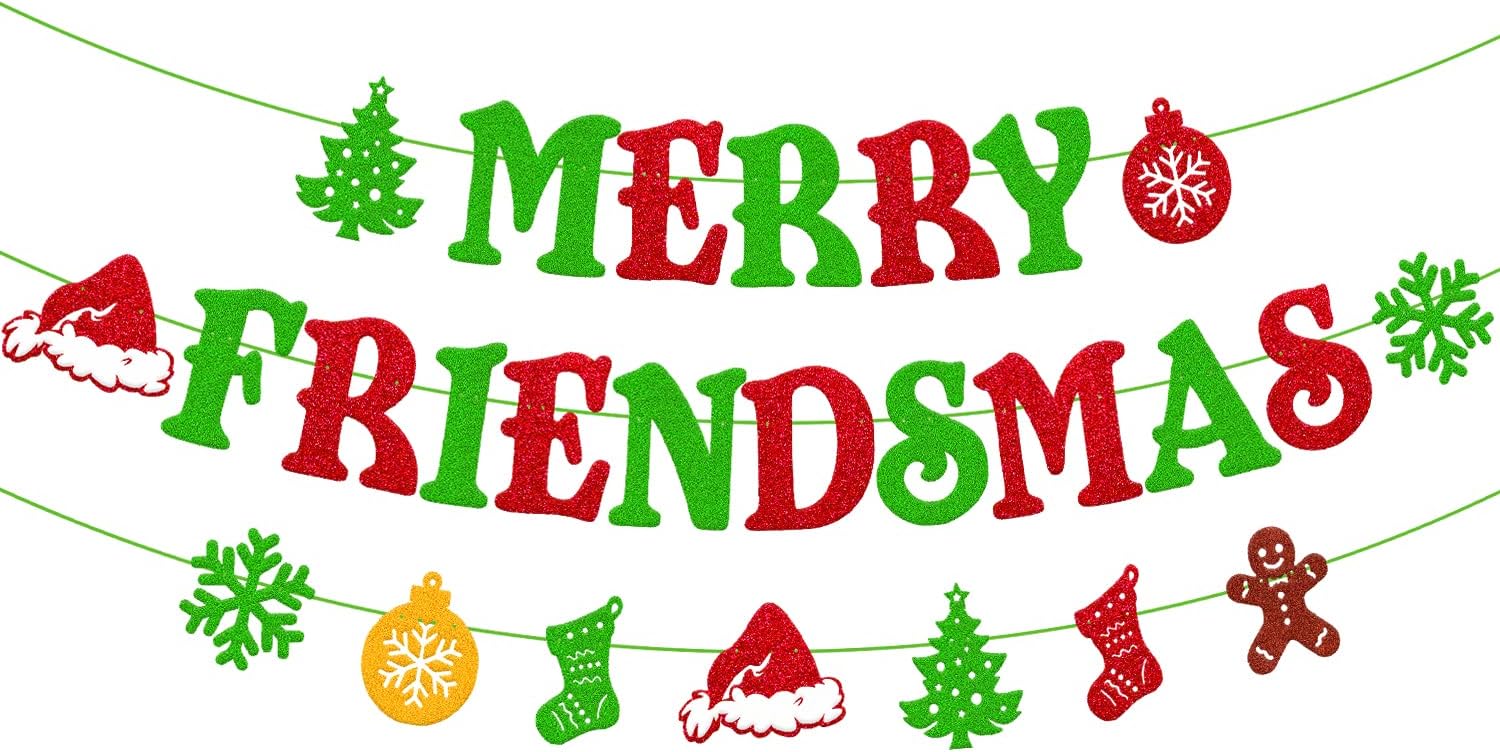 Amazon.com: JKQ Red Green Glitter Merry Friendsmas Banner and Colorful ...