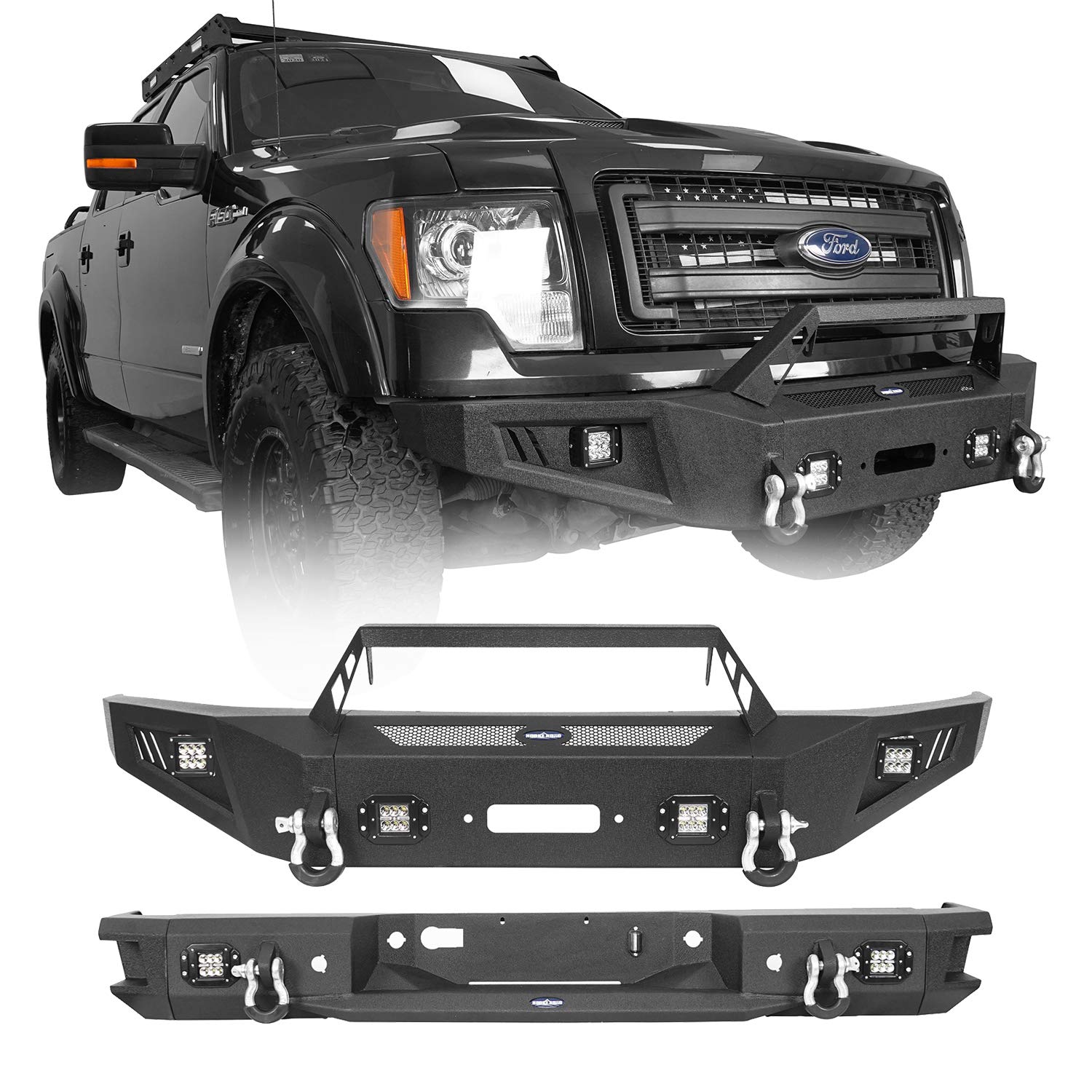 Buy Hooke Road F150 Steel Black Front Bumper w/Winch Plate + Rear ...