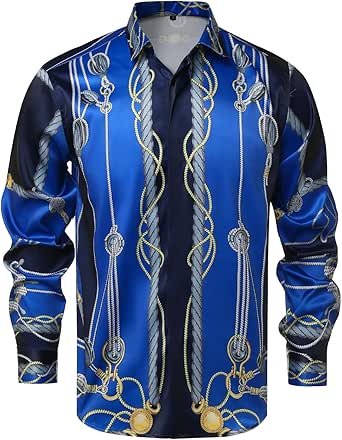 Amazon.com: GSBOGOSSE Men Gold Fashion Luxury Printed Satin Long Sleeve ...