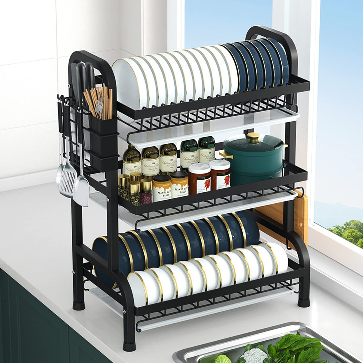 Abhsant Dish Rack 3 Tier Dish Drying Stand with Utensil & Cutting Board ...