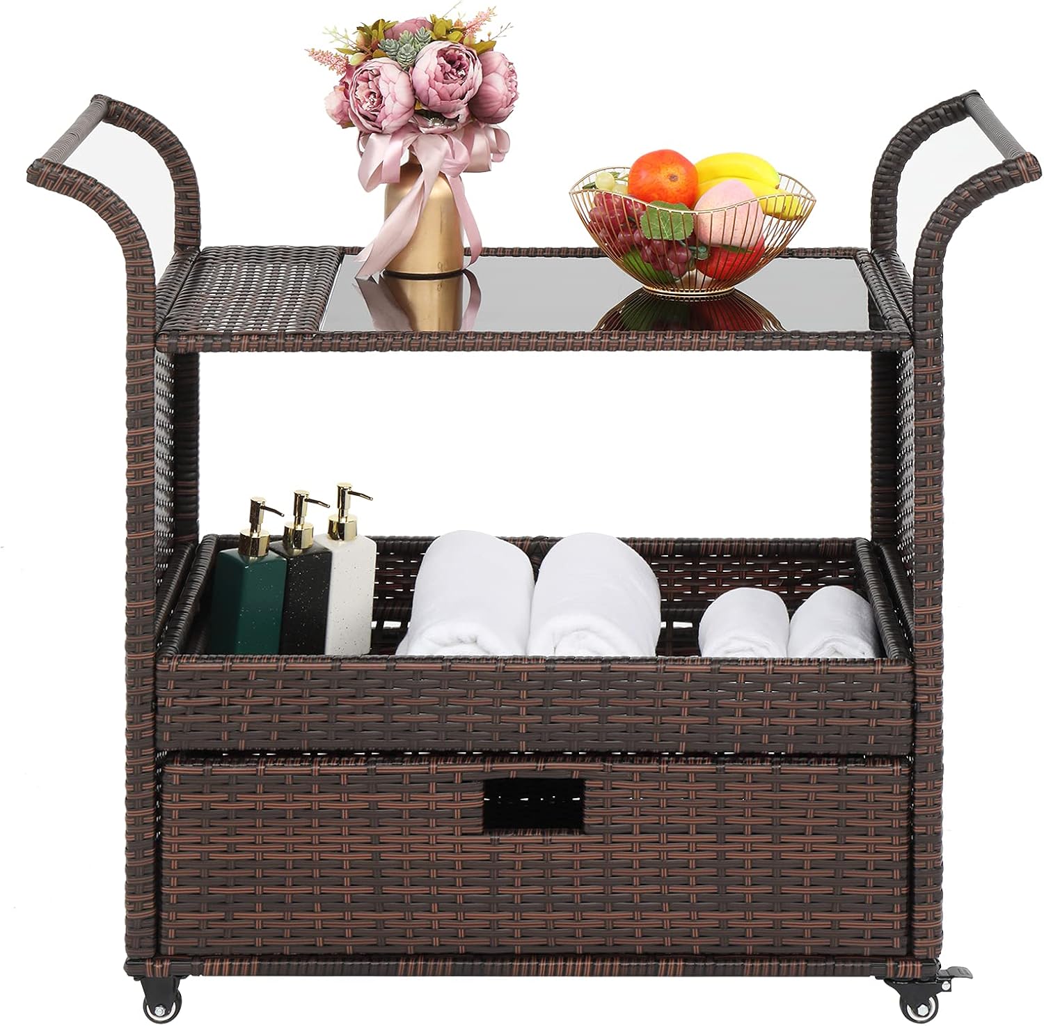 Amazon.com: EEBUIHUI Outdoor Wicker Bar Cart, Patio Serving Cart w ...