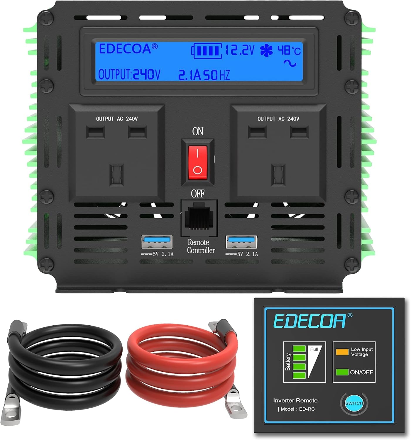 EDECOA 1500W Peak 3000W Pure Sine Wave Power Inverter DC 12V to 240V AC ...