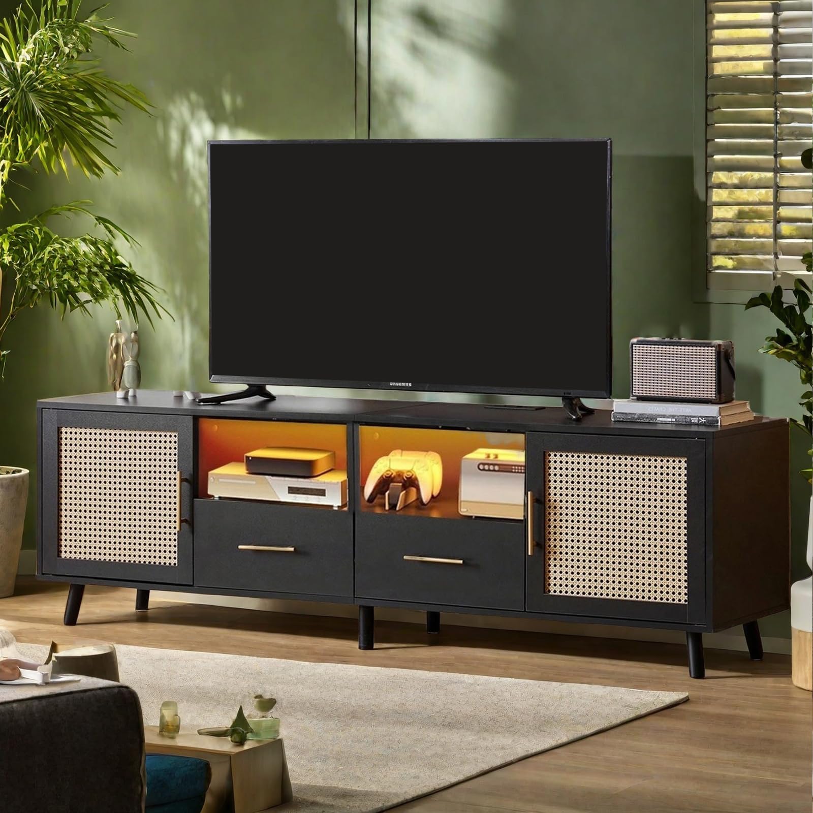 Amazon.com: JanflyHome Black Rattan TV Stand for 70 Inch TV, Modern TV ...