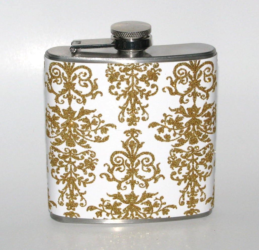 Amazon.com | Gold Glitter Sparkly Damask 8 oz Stainless Steel Hip Flask ...