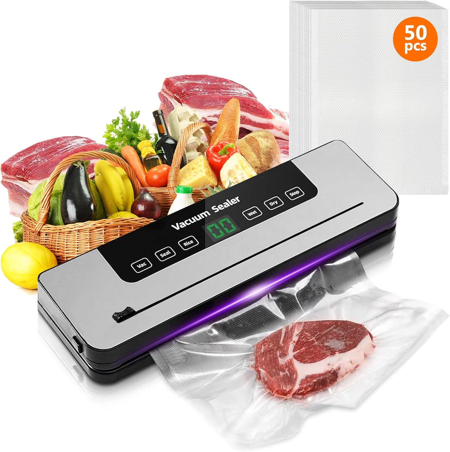 Vacuum Sealer Machine with 50 Vacuum Bags, 6 in 1 Food Vacuum Sealer ...