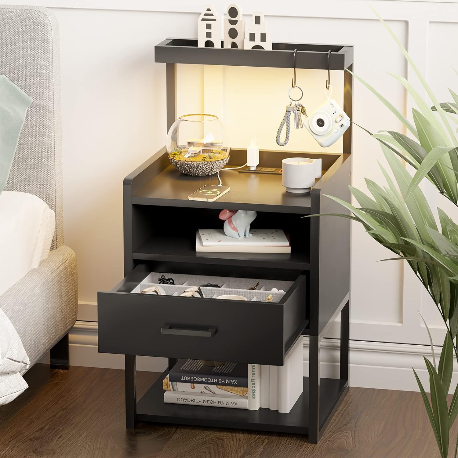 Amazon.com: VIAGDO Nightstand with Charging Station and LED Lights ...