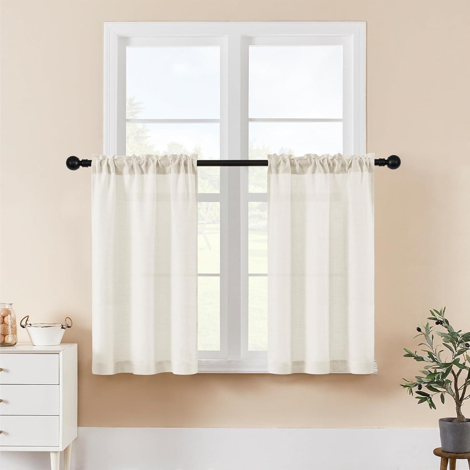 Amazon.com: DUKIYO Cream Linen Small Kitchen Curtains 36 Inch Length 2 ...