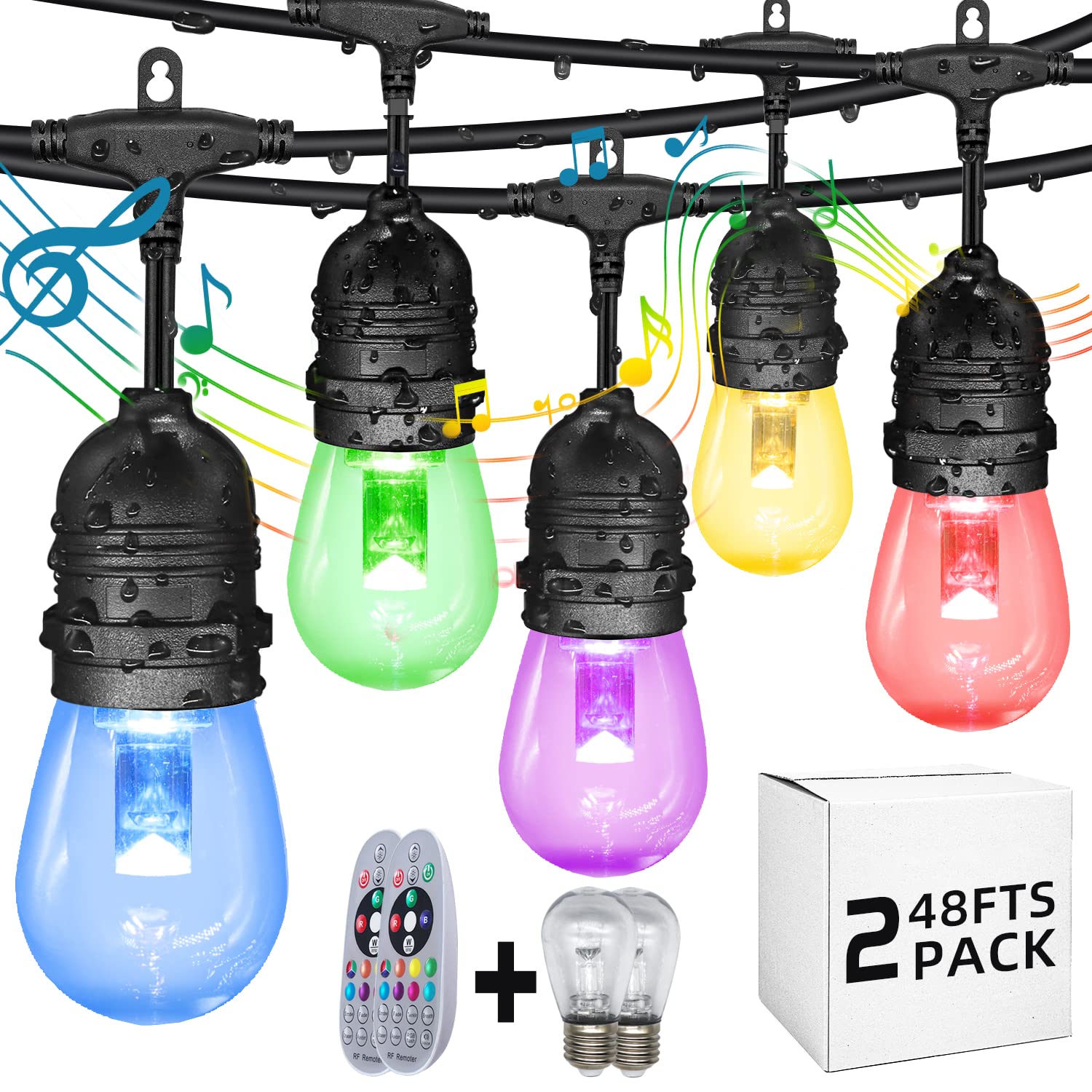 Outdoor String Lights, Patio Lights GANA 48FT×2PACK Music Flash RGBW ...