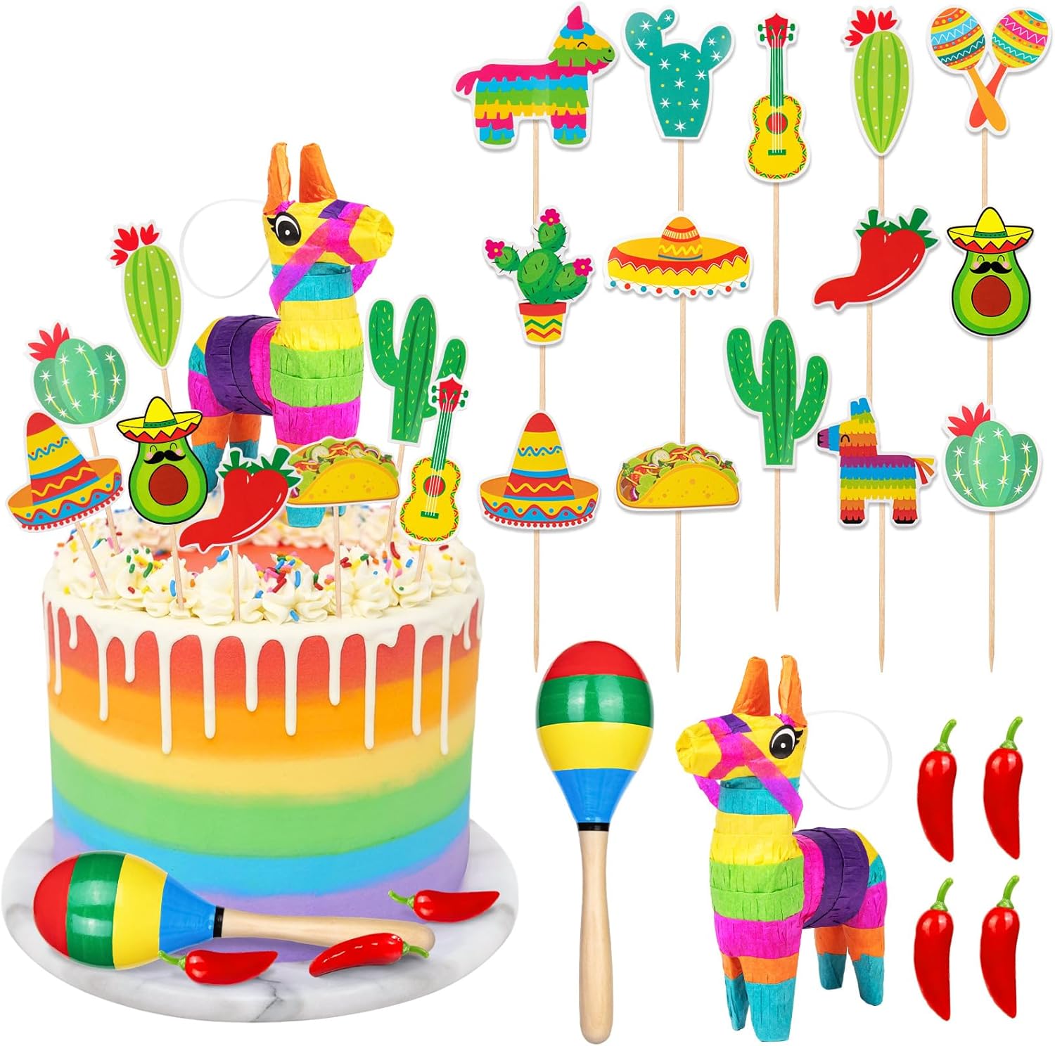 Amazon.com: 20 Pcs Fiesta Cupcake Toppers, Mexican Theme Cake Topper ...