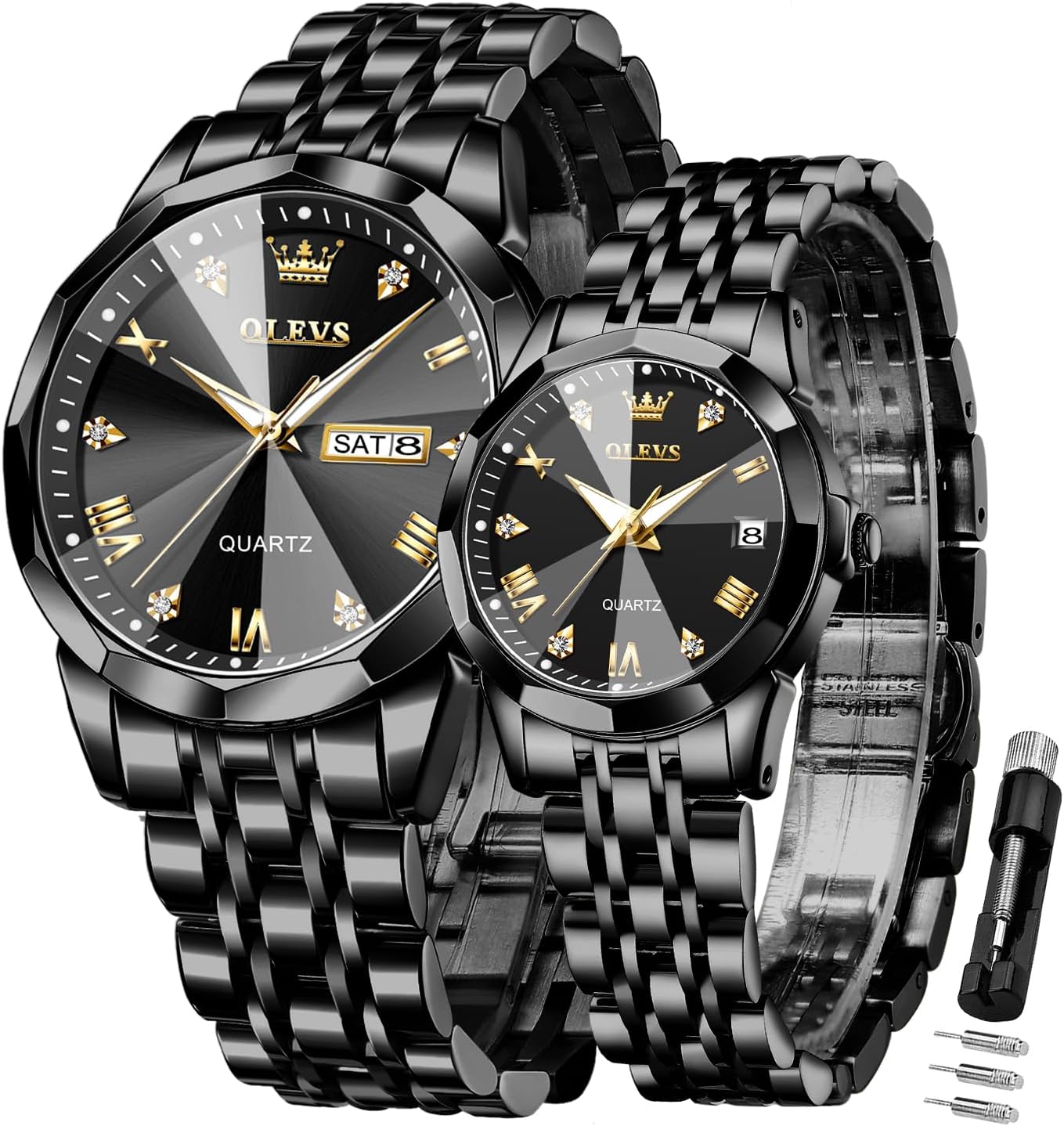 OLEVS - Par de relojes de cuarzo para parejas de San Valentín, calendario luminoso, ventana de ...