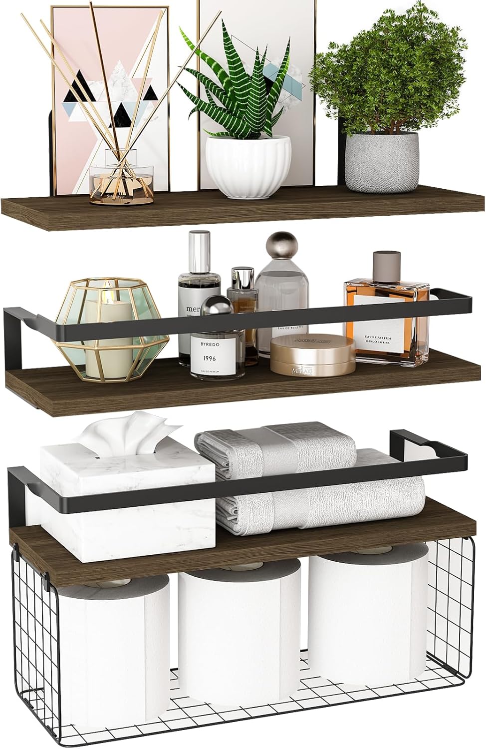 Amazon.com: REALINN Floating Shelves with Storage Basket, Wall Mounted ...