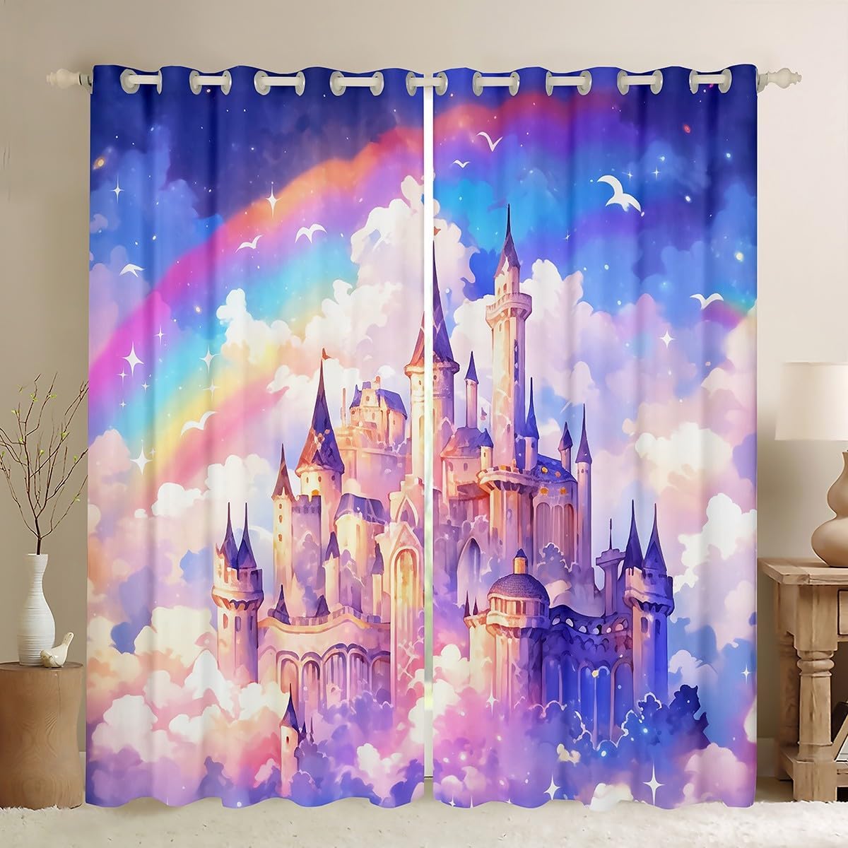 Amazon.com: Castle Girlish Kids Window Curtains,Glitter Starry Sky ...